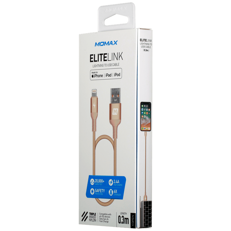 Order momax elite lightning cable triple braided 30cm gold Now! | Jomla.ae