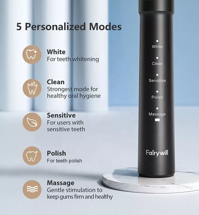 اطلب فرشاة اسنان كهربائية ذكية Fairywill E11 Sonic Electric Toothbrush with 8 Bursh Heads Travel ...