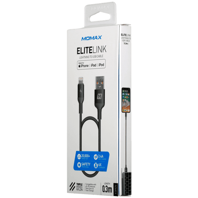 momax elite lightning cable triple braided 30cm black | Jomla.ae