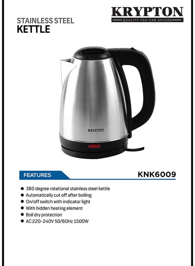 Krypton 1.8 L Stainless Steel Electric Kettle KNK6009 Silver | Jomla.ae