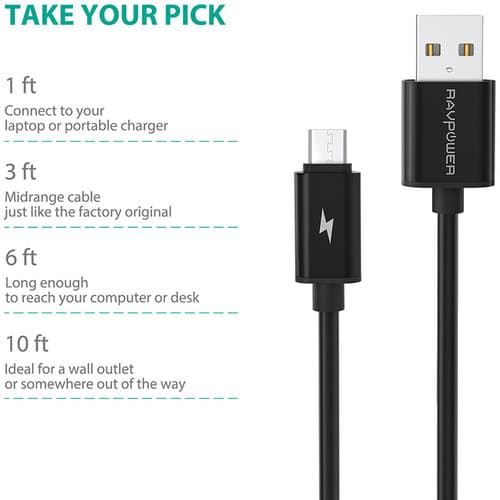 RAVPower 5 Pack Micro USB Cable - Black ( Online Packaging ) | Jomla.ae