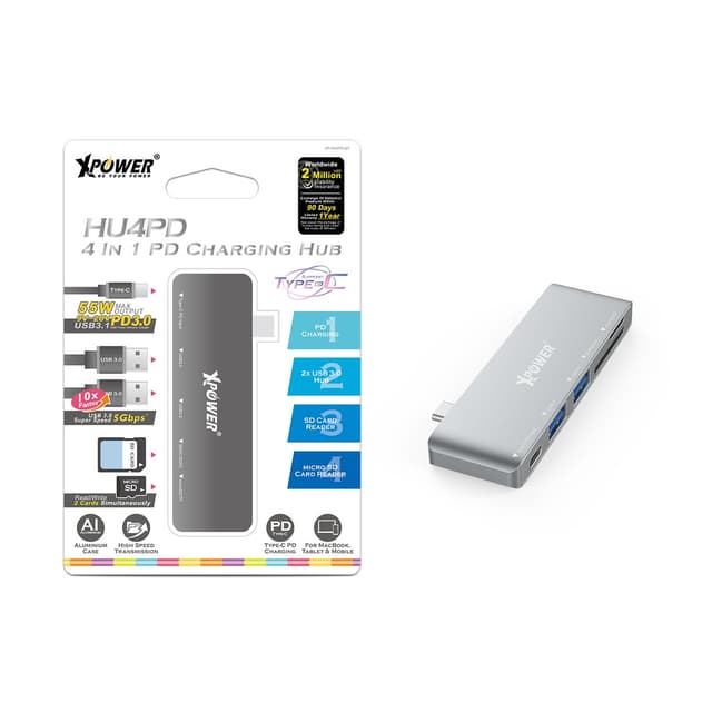 Xpower hu4pd pd3.0 4in1 usb type-c hub grey | Jomla.ae