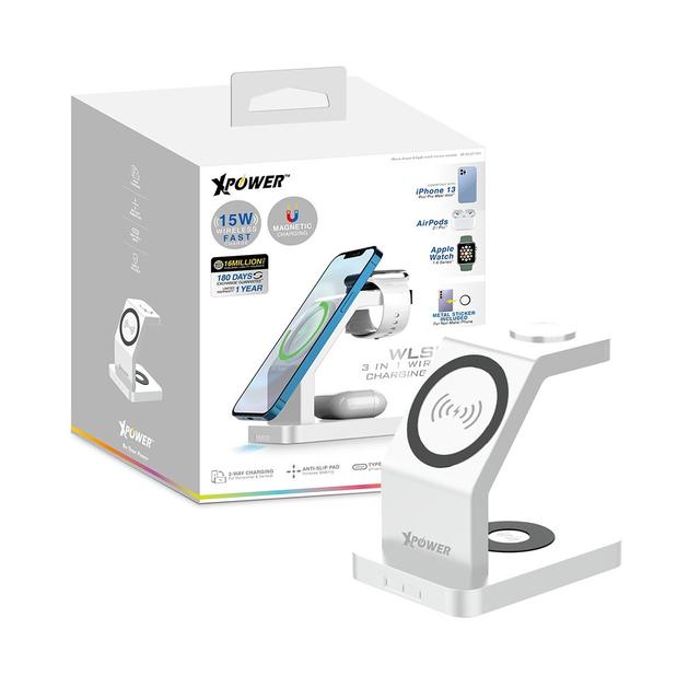 Xpower 15w wls7 3-in-1 magnetic wireless charger white | Jomla.ae