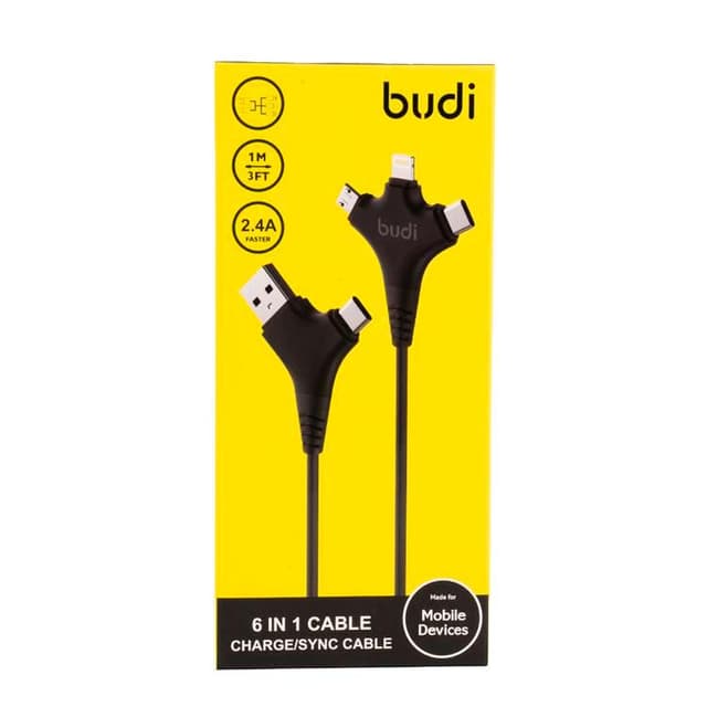 Order Budi 6 in 1 Sync Cable 2.4A - Black Now! | Jomla.ae